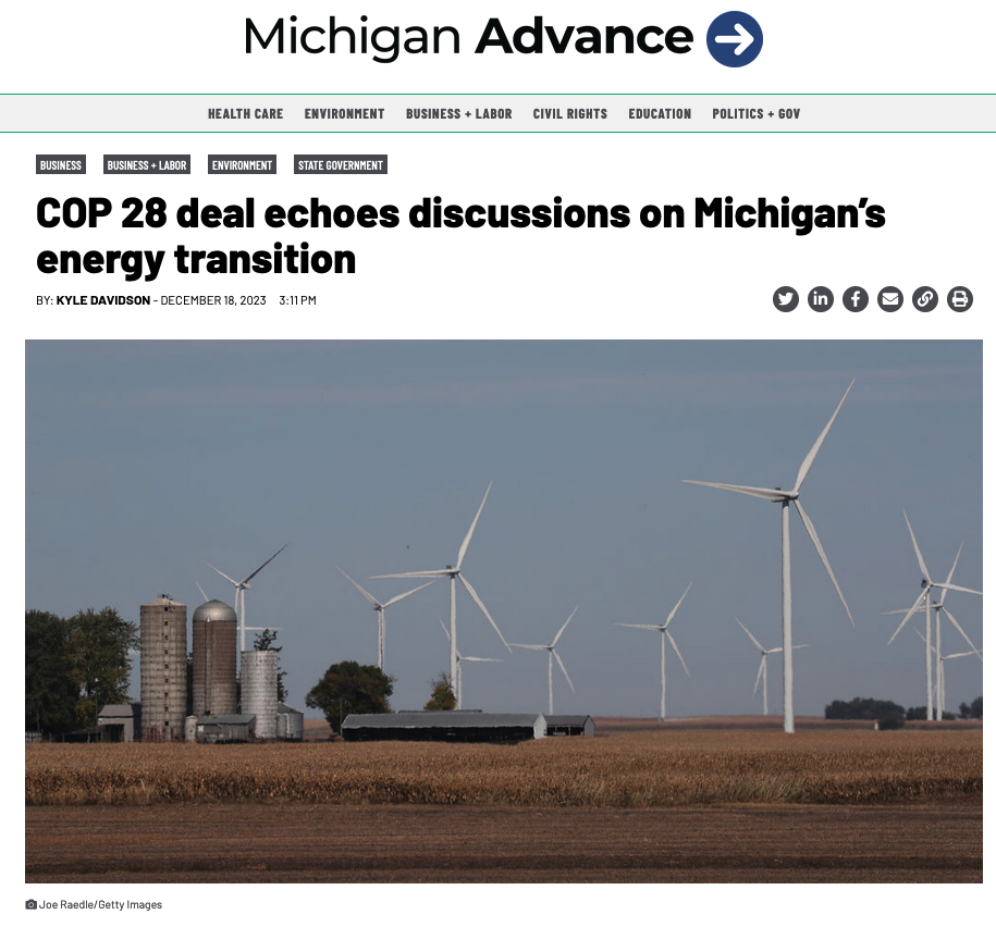 Featured: COP 28 deal echoes discussions on Michigan’s energy ...